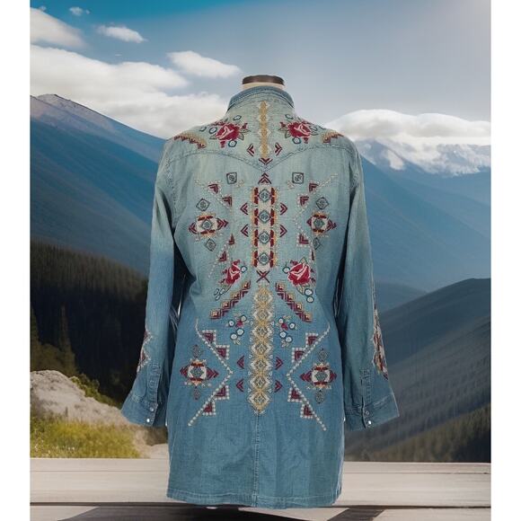 Johnny Was | Tops | Johnny Was Chambray Work Shirt Xl Aztec Heavily ...